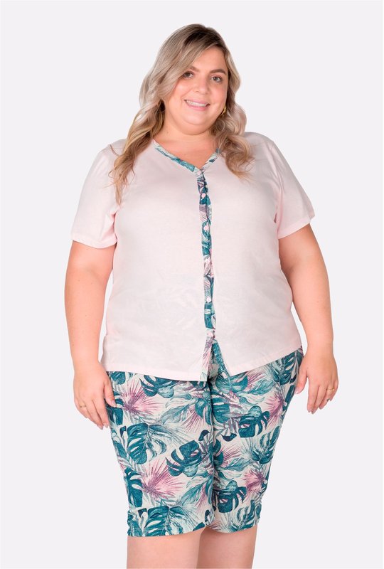 Pijama Feminino Plus Size Capri Rosa Aberto - Bela Notte